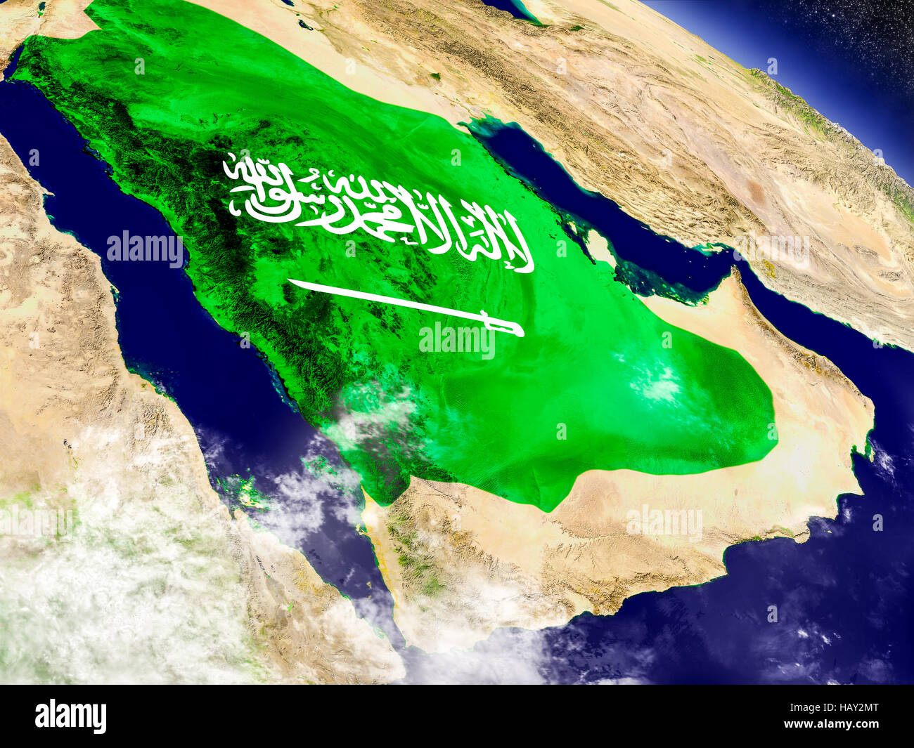 Flag of Saudi Arabia on planet surface from space. 3D illustration with ...