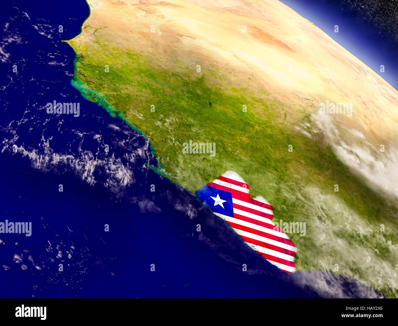 Flag of Liberia on planet surface from space. 3D illustration with ...
