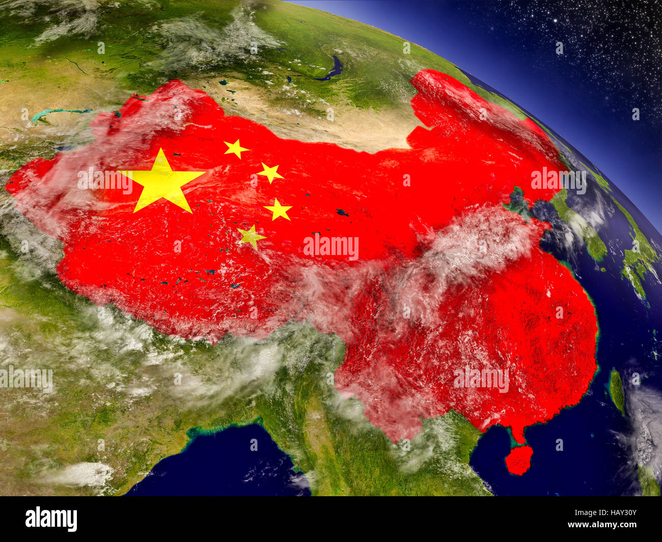 Flag of China on planet surface from space. 3D illustration with highly ...