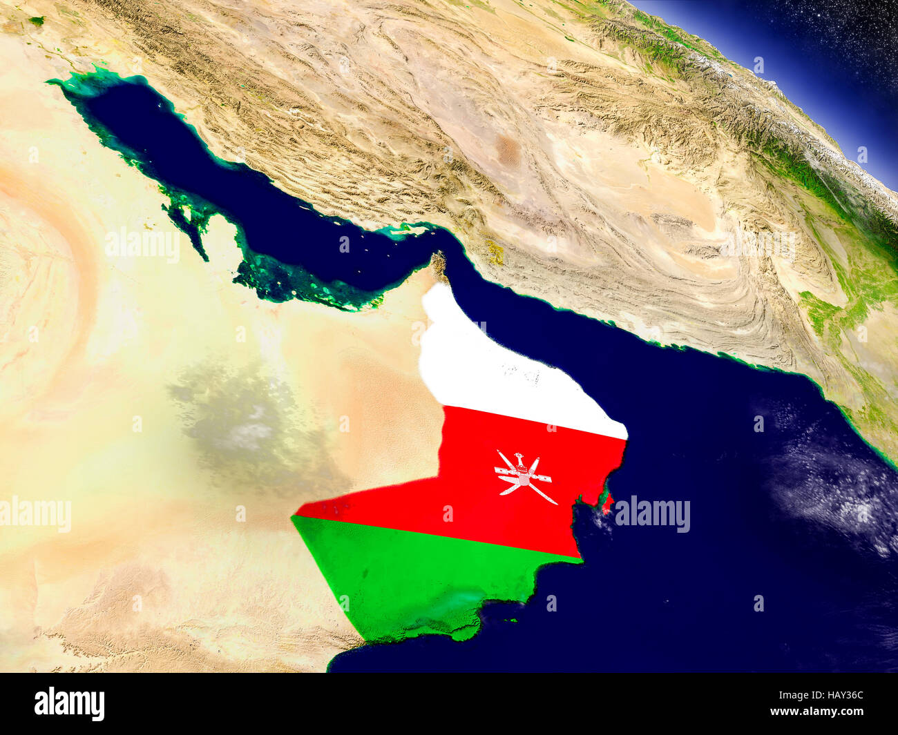 Flag of Oman on planet surface from space. 3D illustration with highly ...