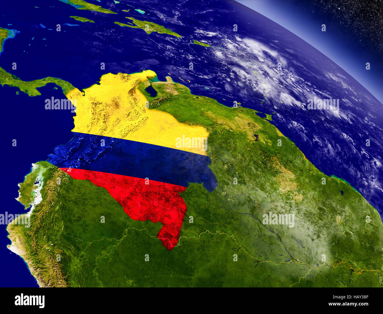 Flag of Colombia on planet surface from space. 3D illustration with ...