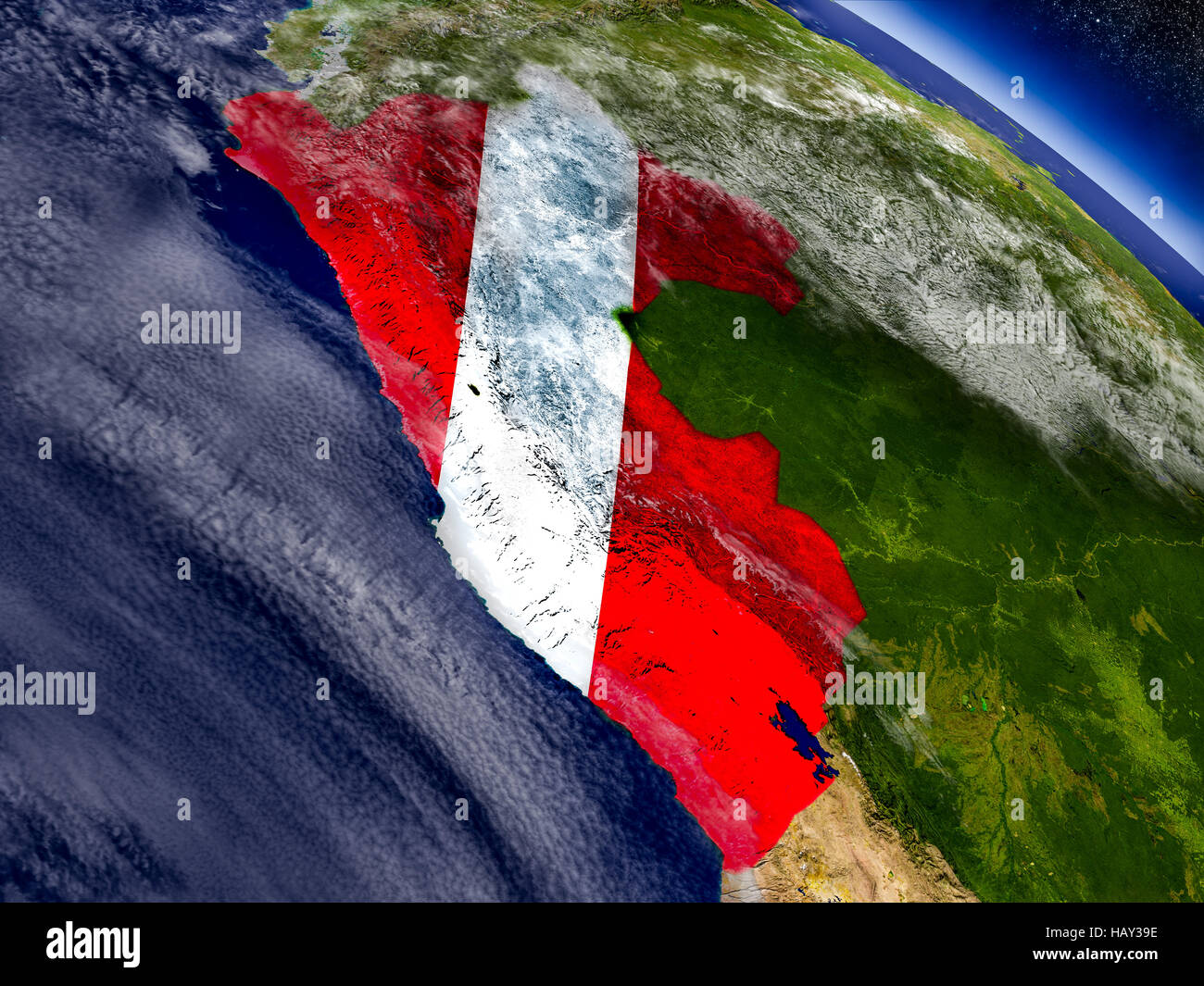 Flag of Peru on planet surface from space. 3D illustration with highly ...