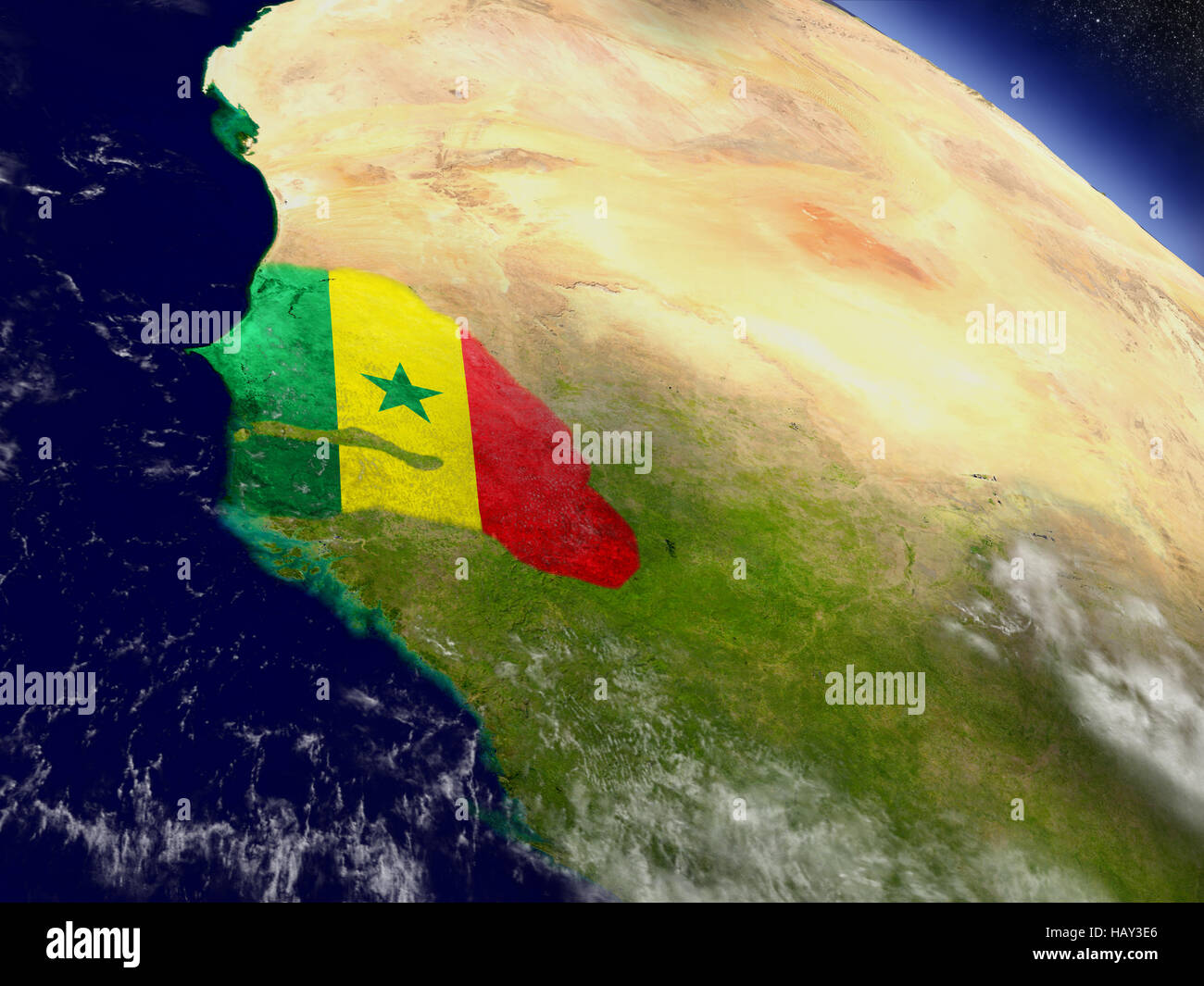 Flag of Senegal on planet surface from space. 3D illustration with ...