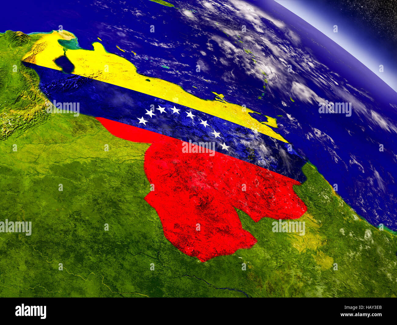 Flag of Venezuela on planet surface from space. 3D illustration with ...