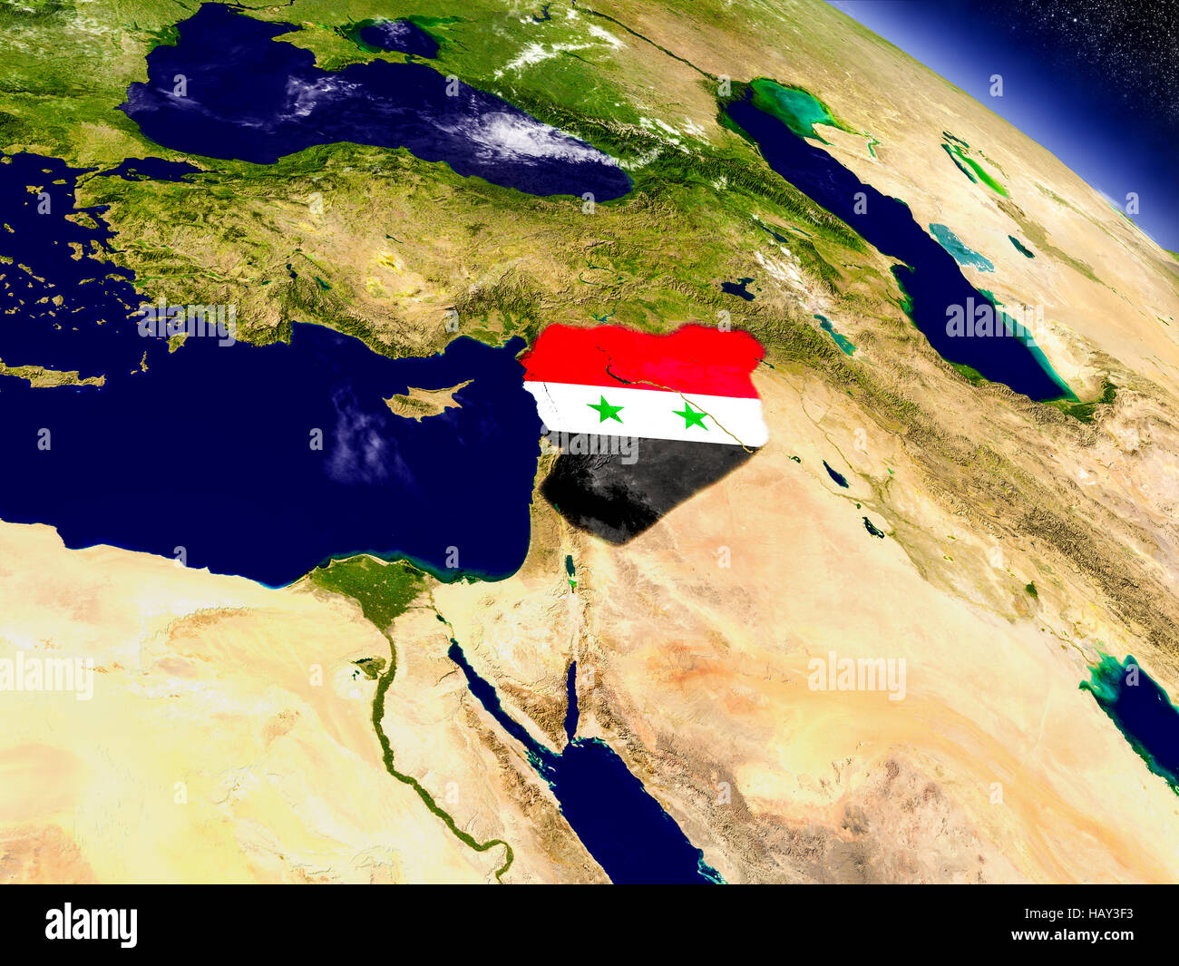Flag of Syria on planet surface from space. 3D illustration with highly ...