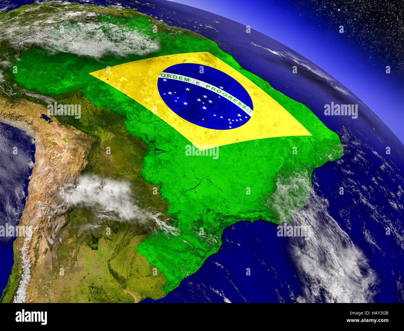 Flag of Brazil on planet surface from space. 3D illustration with ...