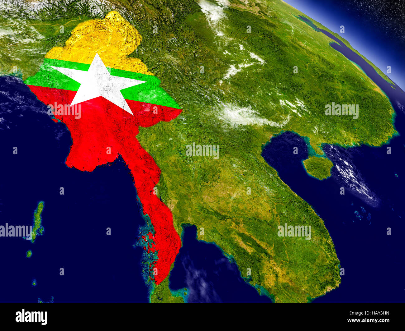 Flag of Myanmar on planet surface from space. 3D illustration with ...