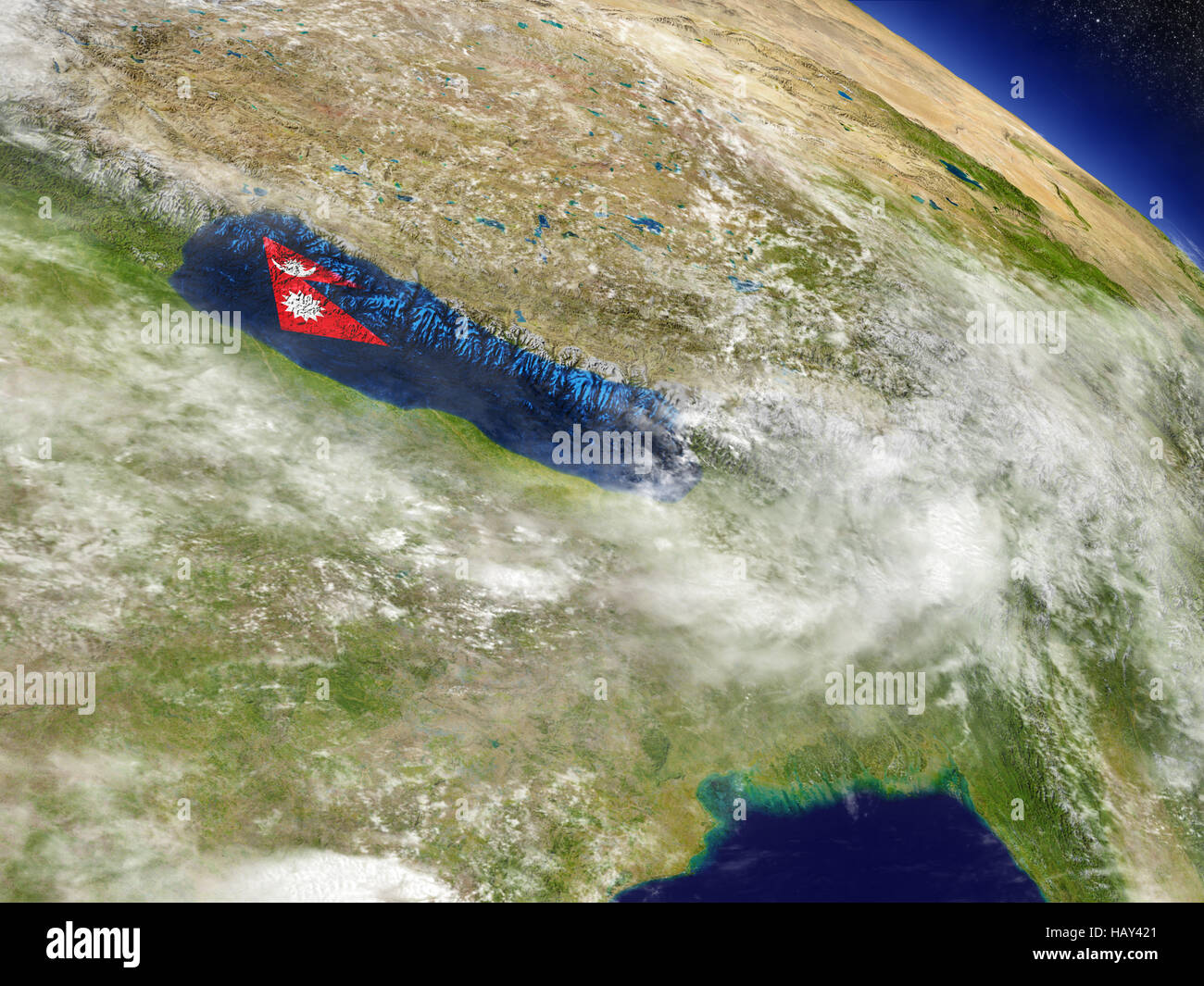 Flag of Nepal on planet surface from space. 3D illustration with highly ...