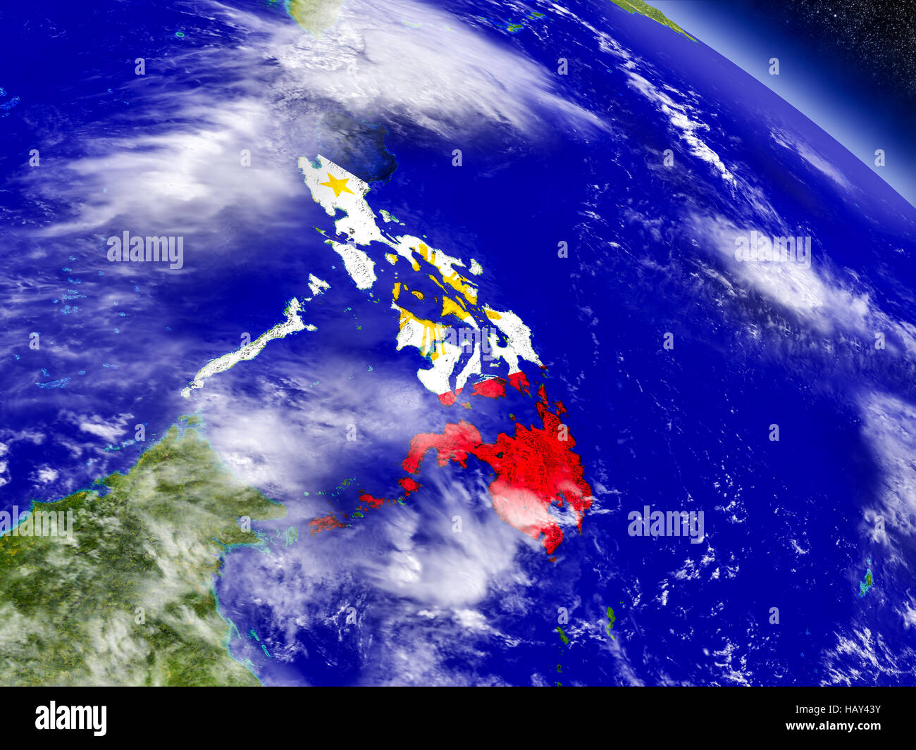 Flag of Philippines on planet surface from space. 3D illustration with ...