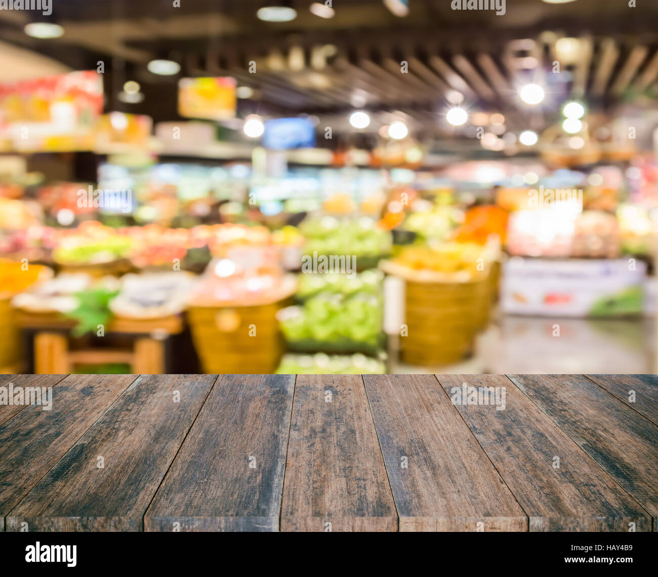 old wood texture with blur supermarket background Stock Photo - Alamy