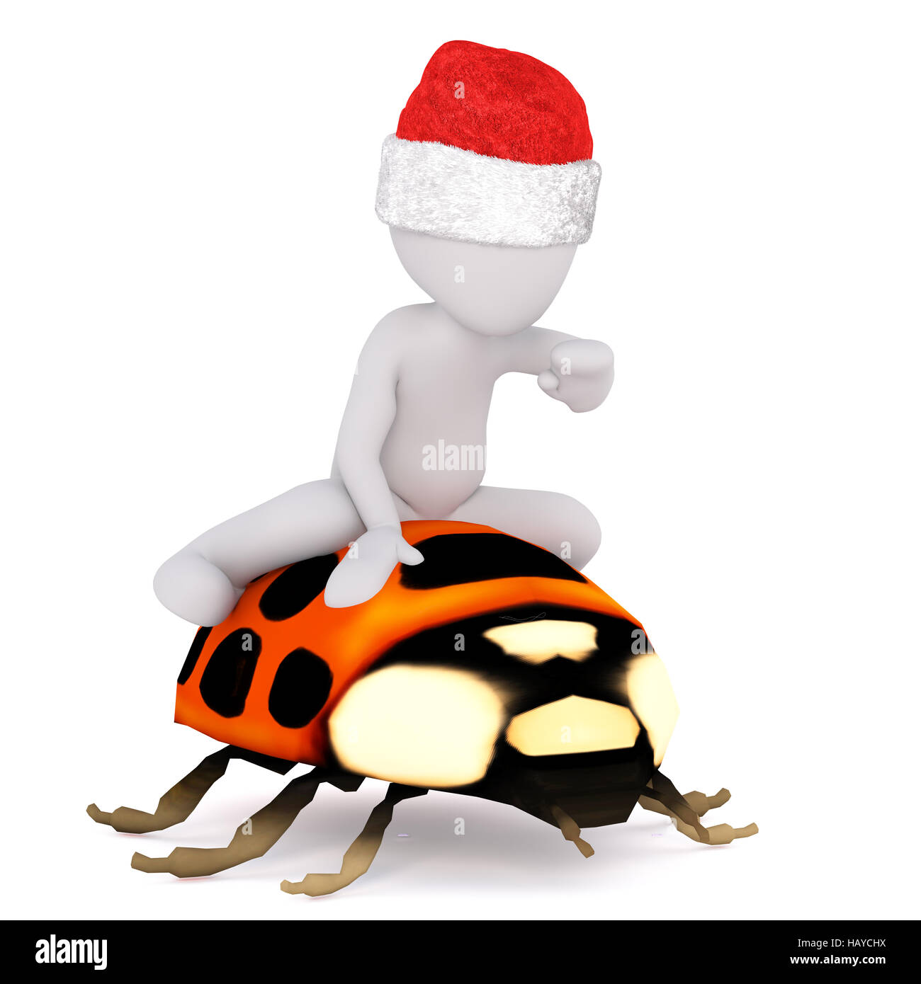 3d man riding on the back of a colorful red spotted ladybug or ladybird ...