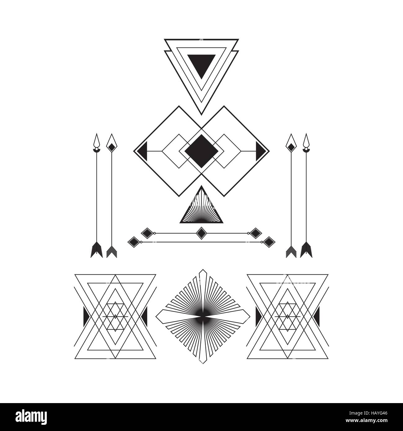 Set of geometric abstract figures with triangles, arrows, lines Stock ...