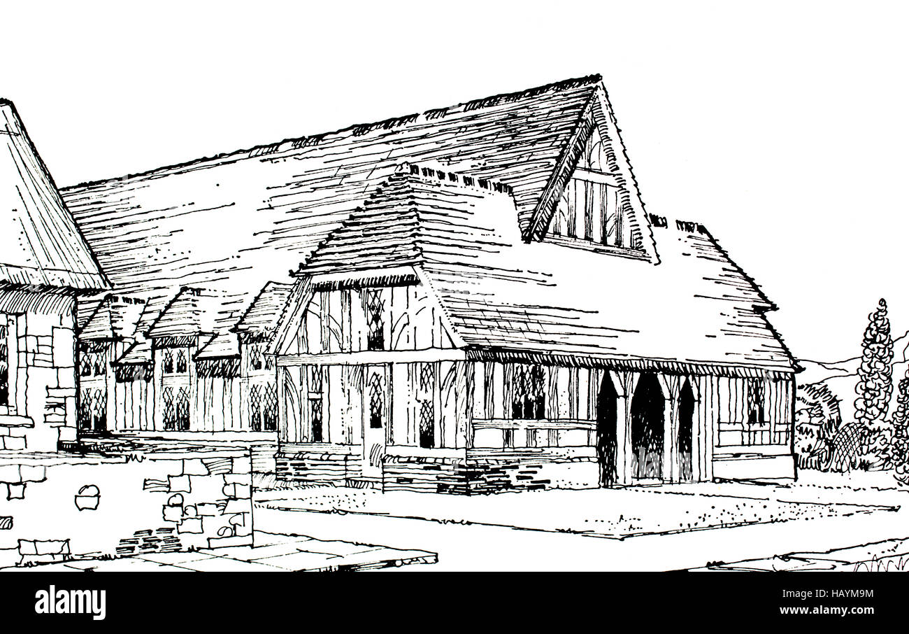 Design for a village hall by architect Dan W Thomas, line illustration ...