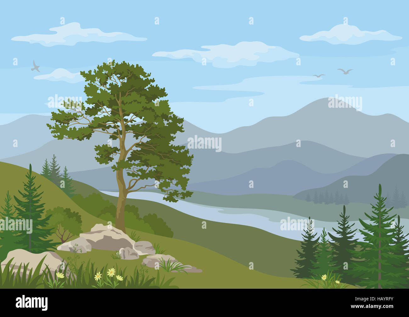 Mountain landscape with tree Stock Photo - Alamy