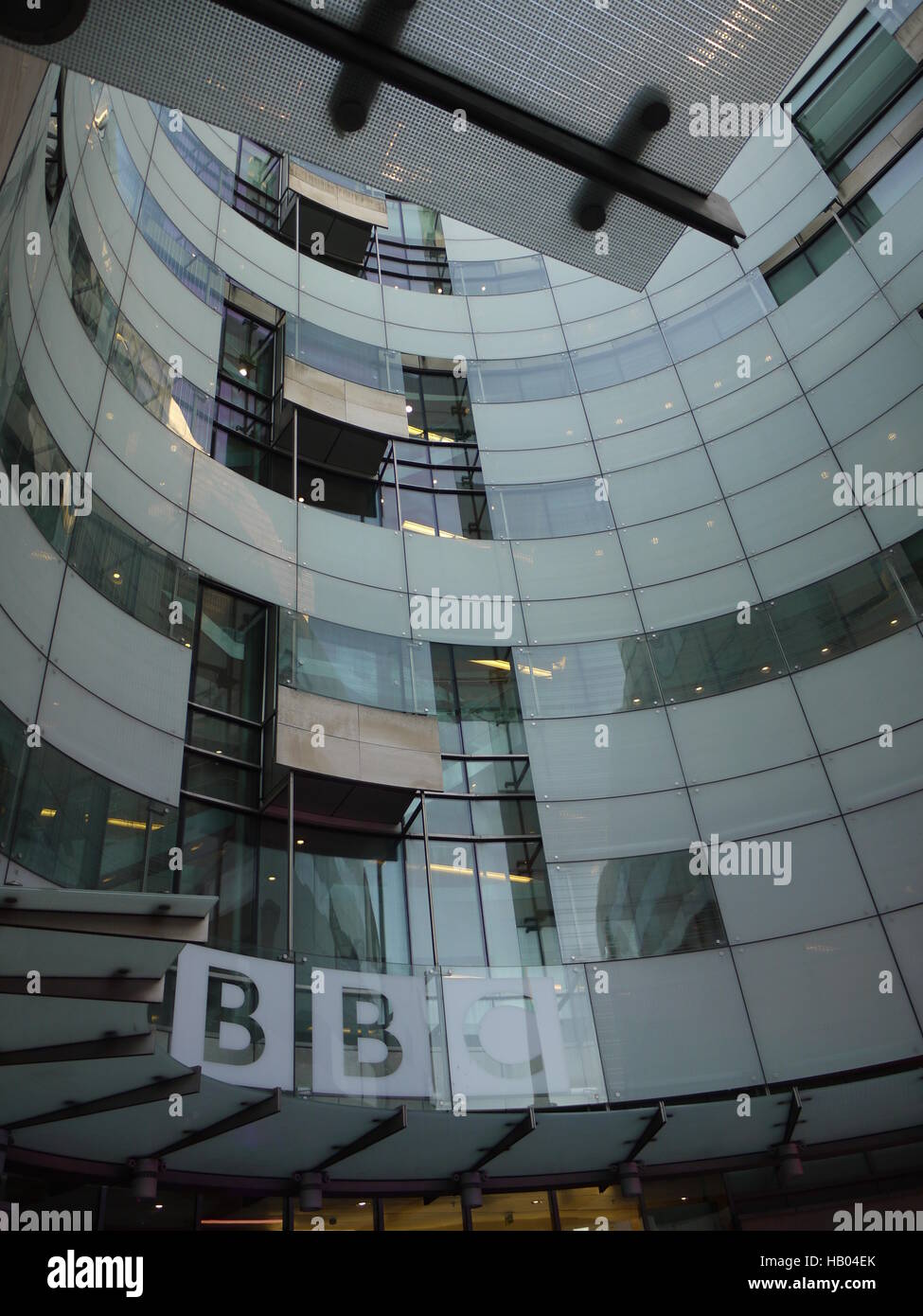 The glass facade of the building of BBC, in central London, national TV ...