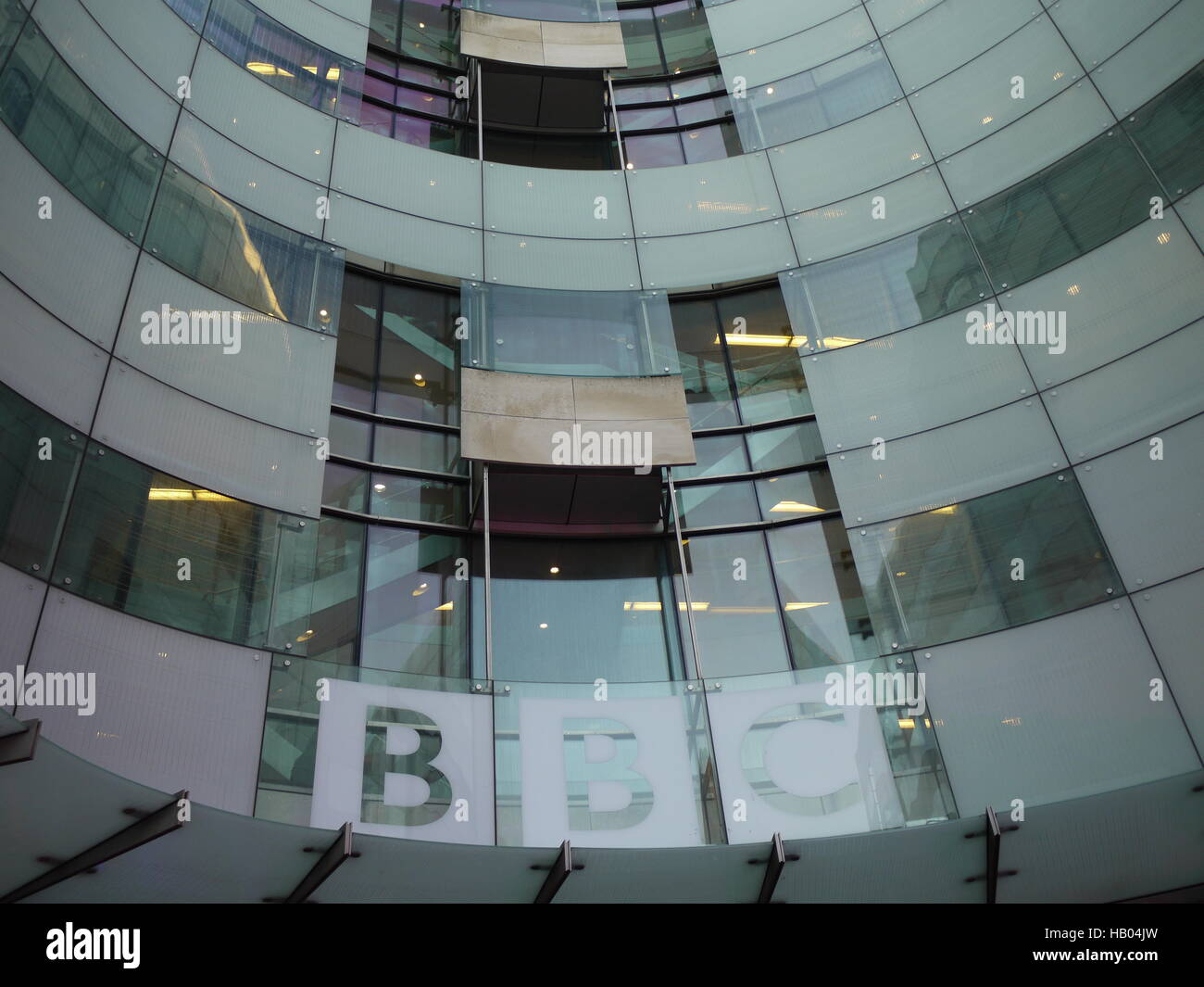 The glass facade of the building of BBC, in central London, national TV ...