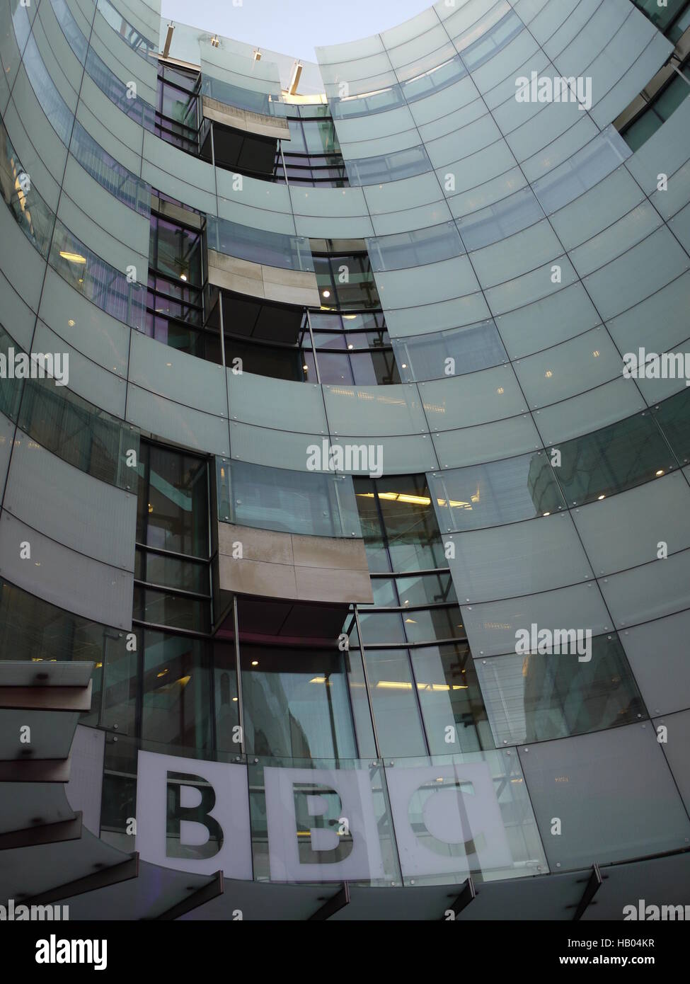 The glass facade of the building of BBC, in central London, national TV ...