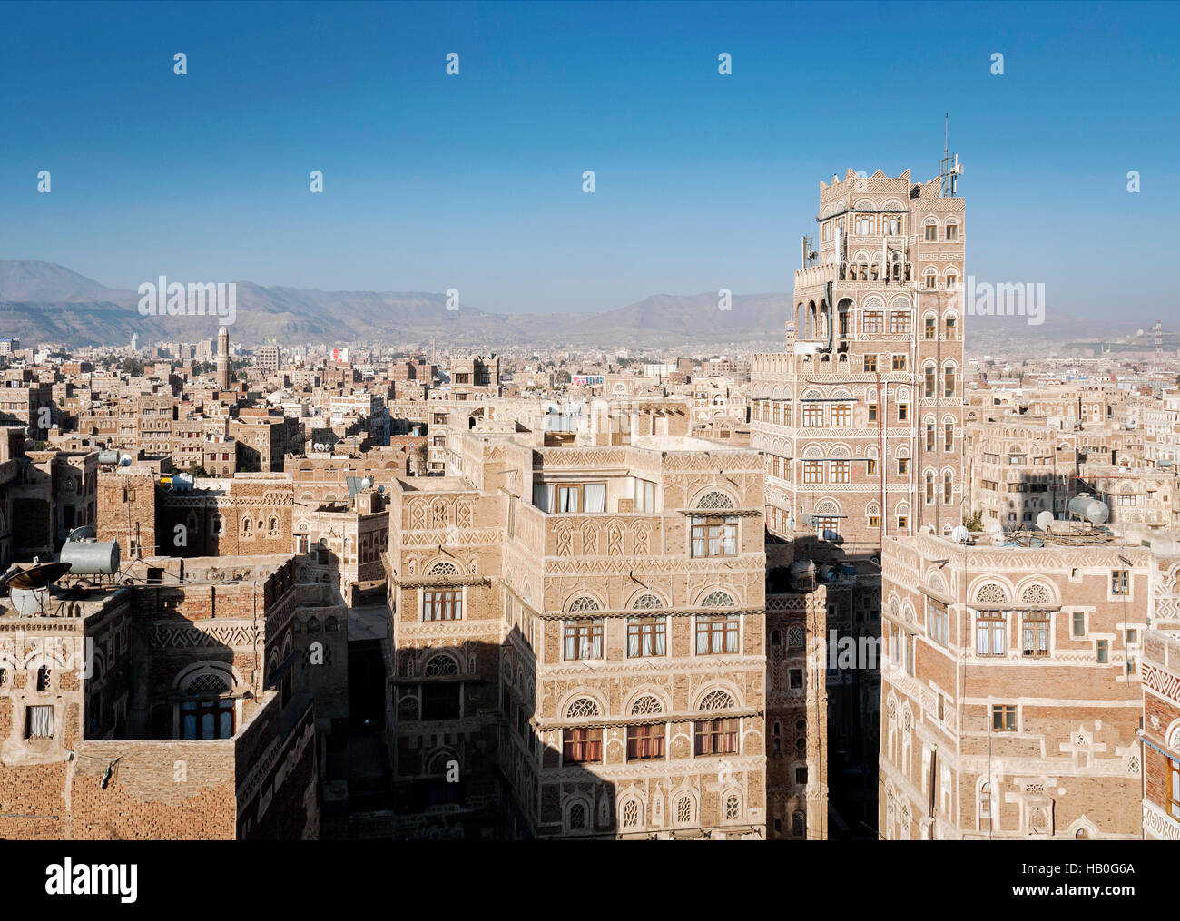 view of central sanaa city old town skyline traditional buildings in ...