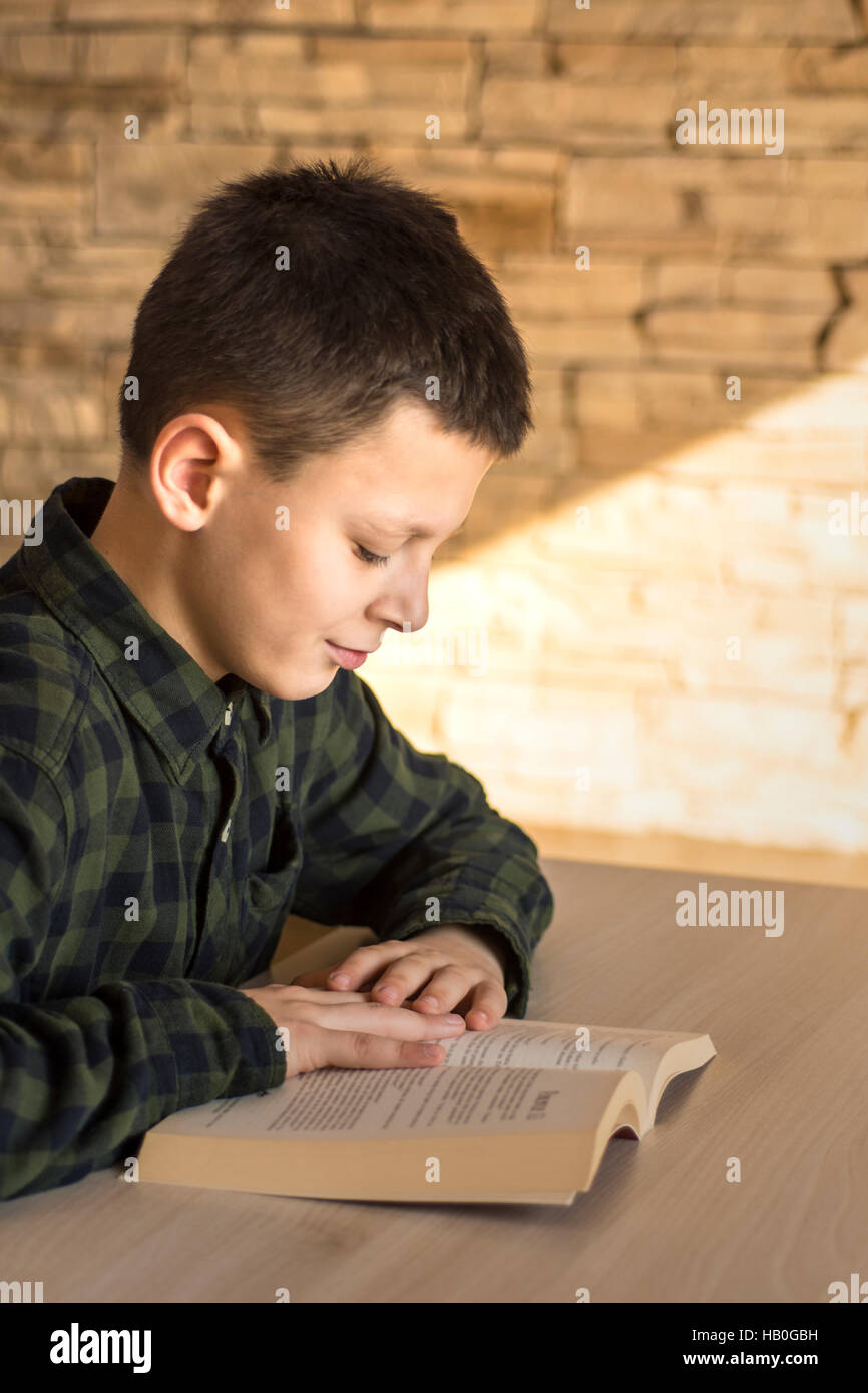 Young Boy Reading Book and Studying on Table at Home Stock Photo - Alamy