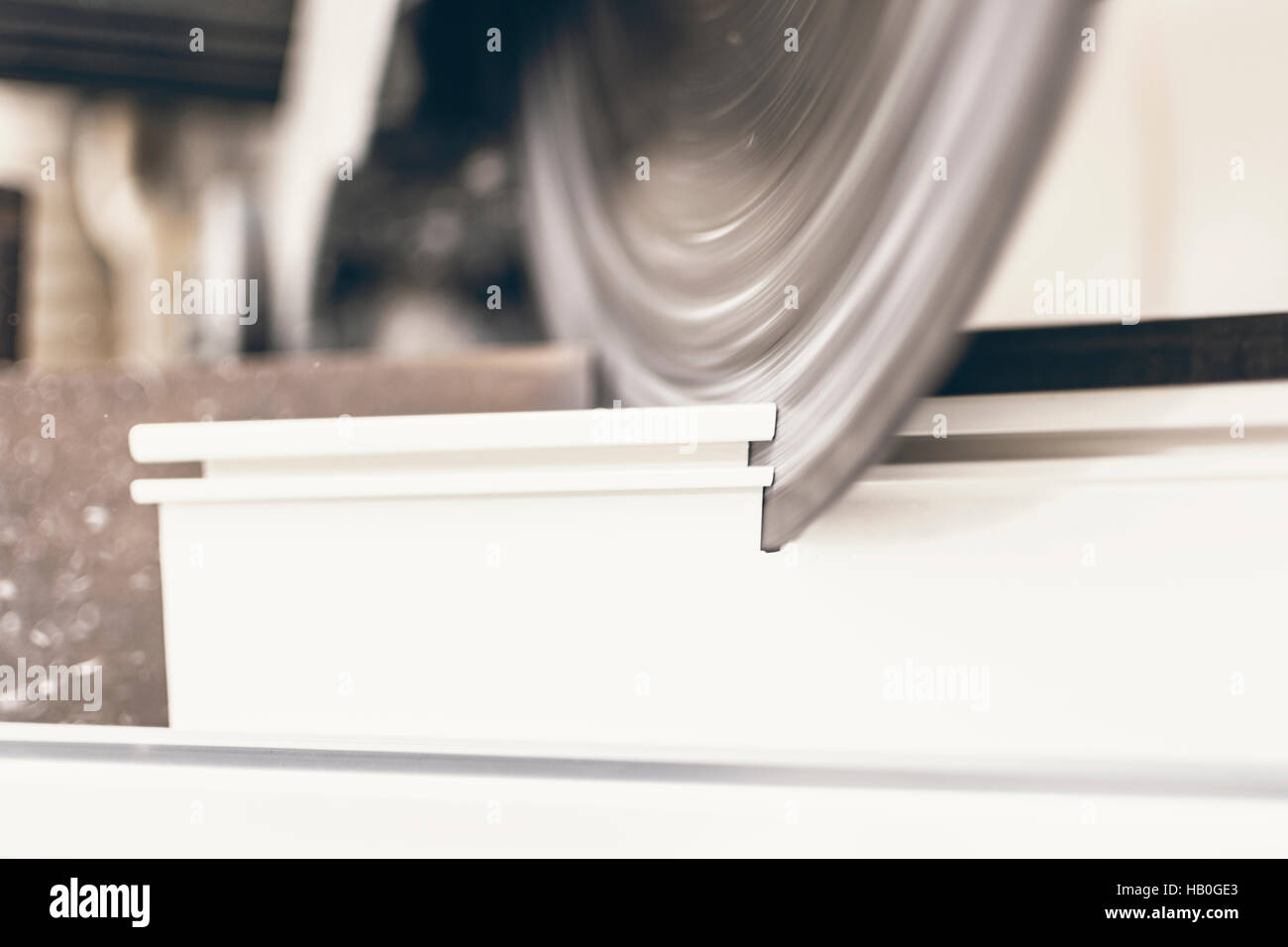 Circular Saw Cutting PVC Profile Close Up. Plastic Window and Door ...