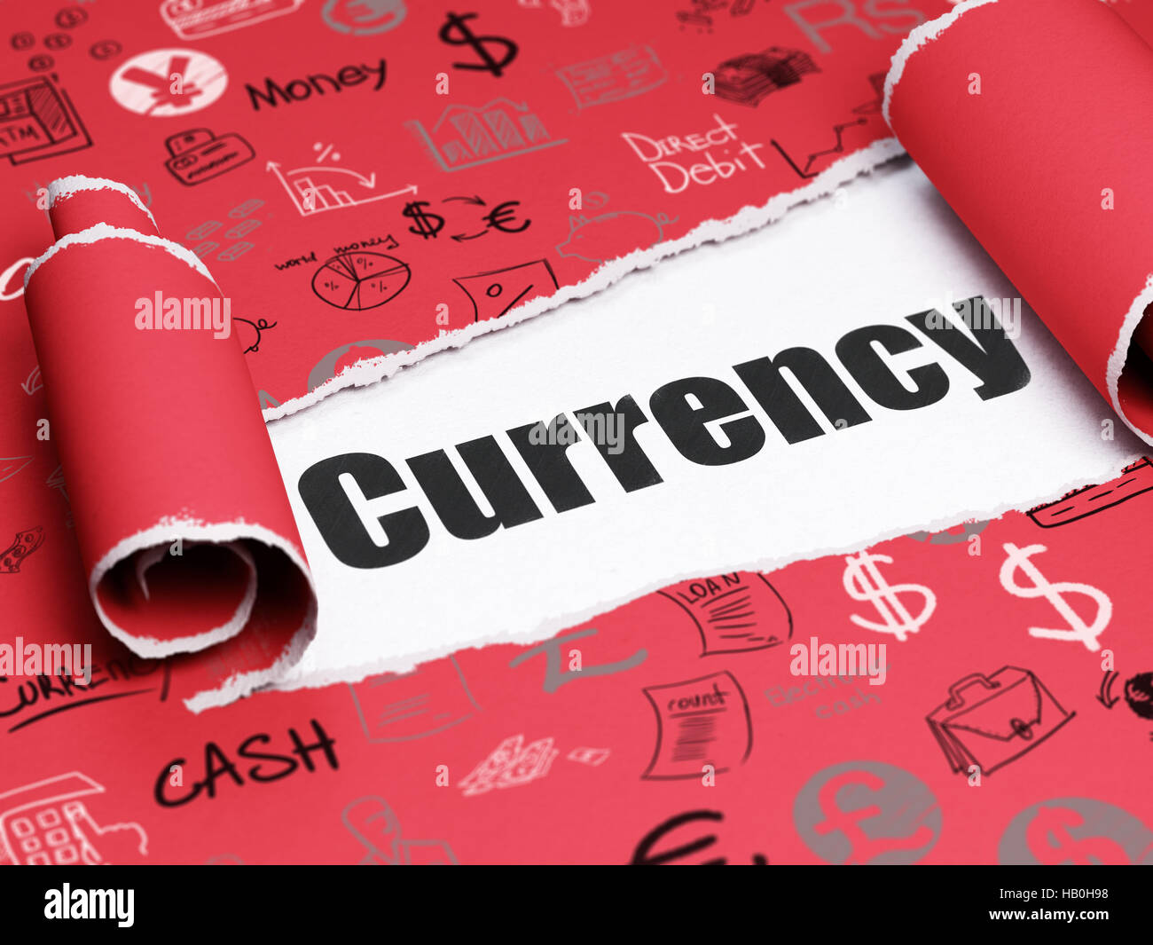 Currency concept: black text Currency under the piece of torn paper ...