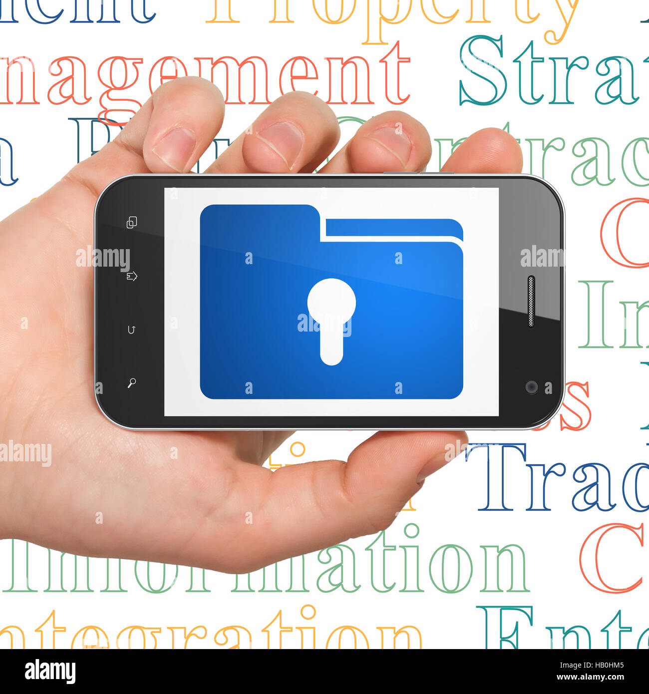 Business concept: Hand Holding Smartphone with Folder With Keyhole on ...