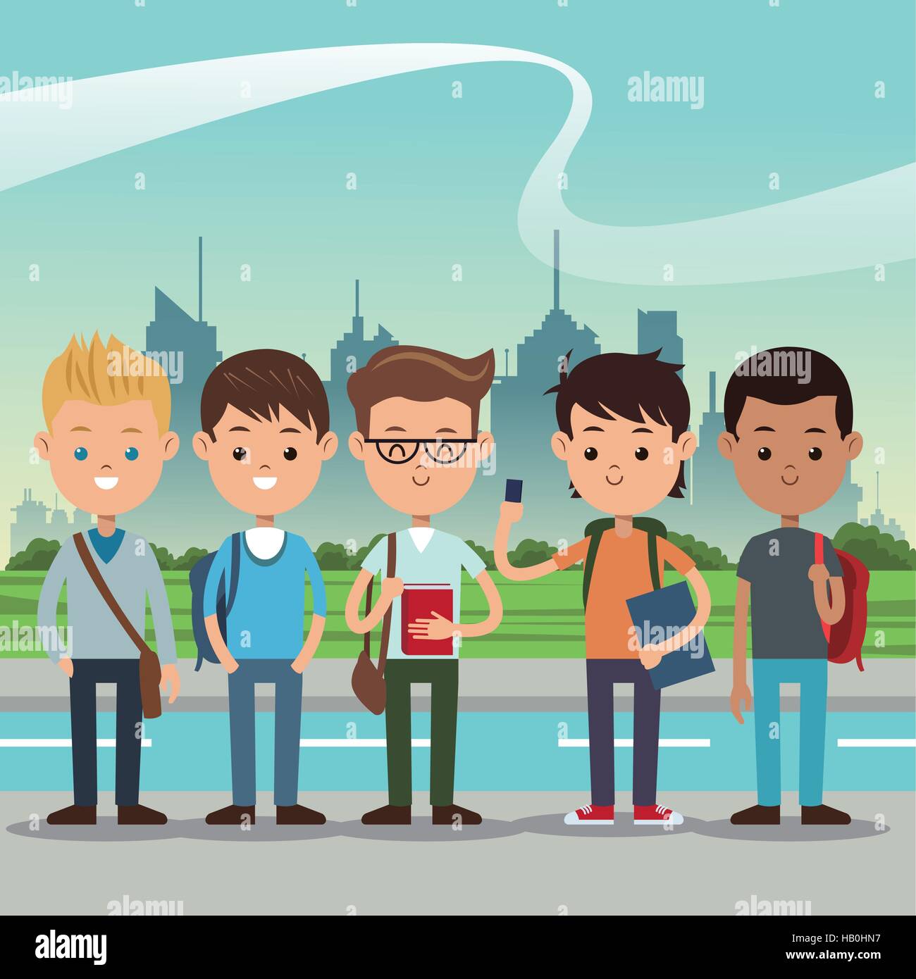 group students boys back school urban background Stock Vector Image ...