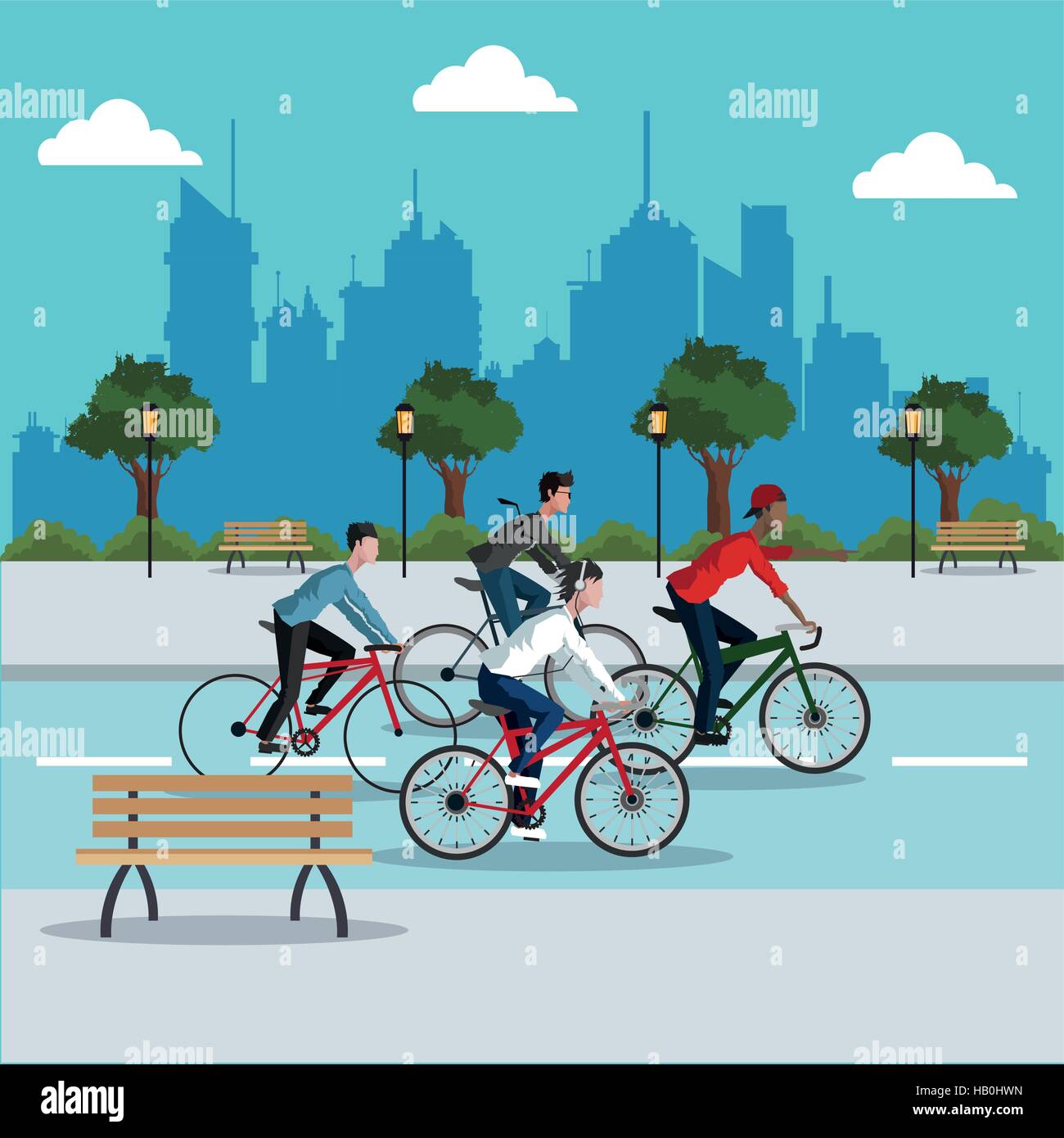 group person young riding bike park city background Stock Vector Image ...