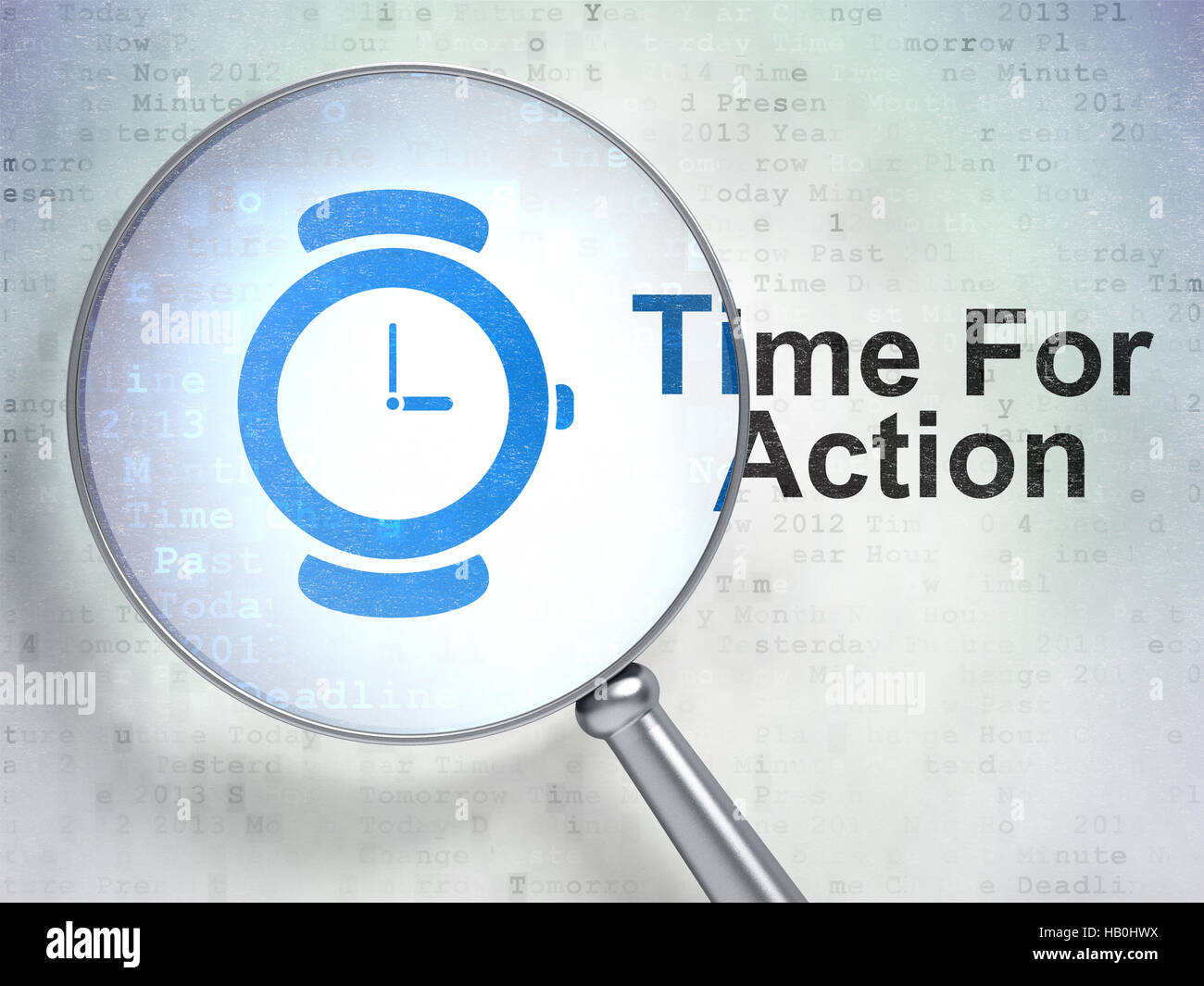 Timeline concept: Hand Watch and Time For Action with optical glass ...