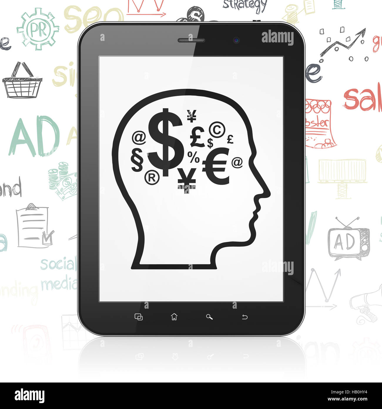 Advertising concept: Tablet Computer with Head With Finance Symbol on ...