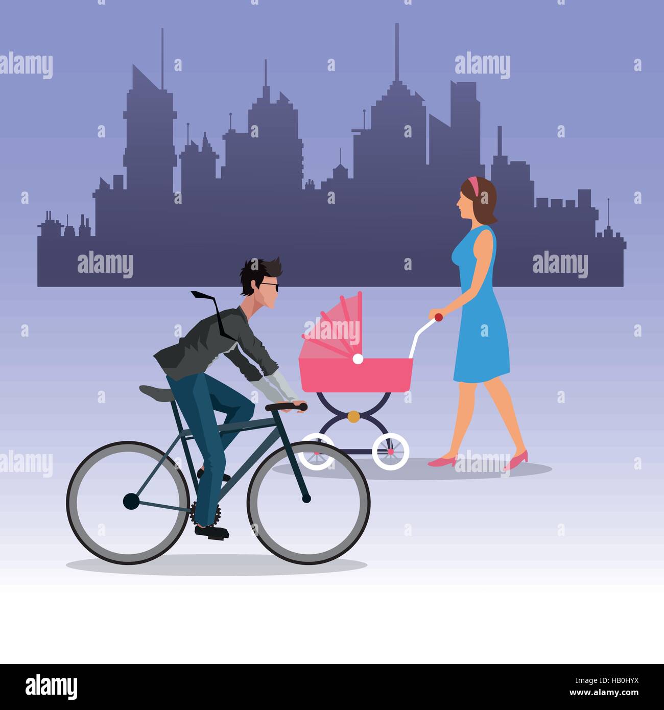 woman walking pram and boy ride bike city background Stock Vector Image ...