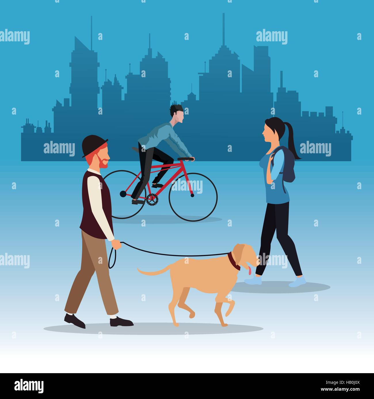 man dog girl walking and guy ride bike city background Stock Vector ...