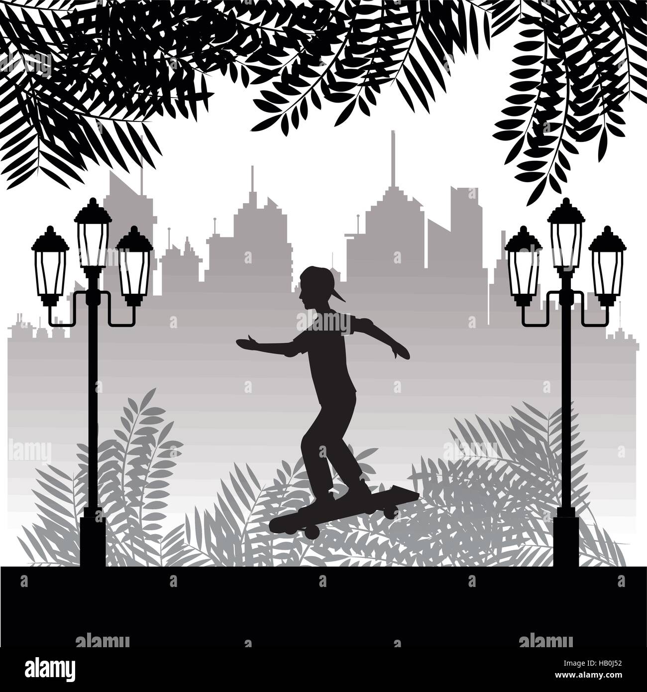 silhouette young boy skater park twon background Stock Vector Image ...