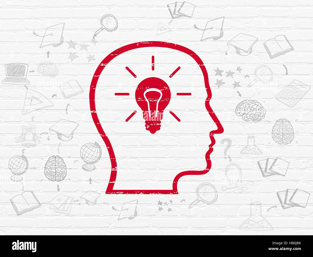 Learning concept: Head With Lightbulb on wall background Stock Photo ...