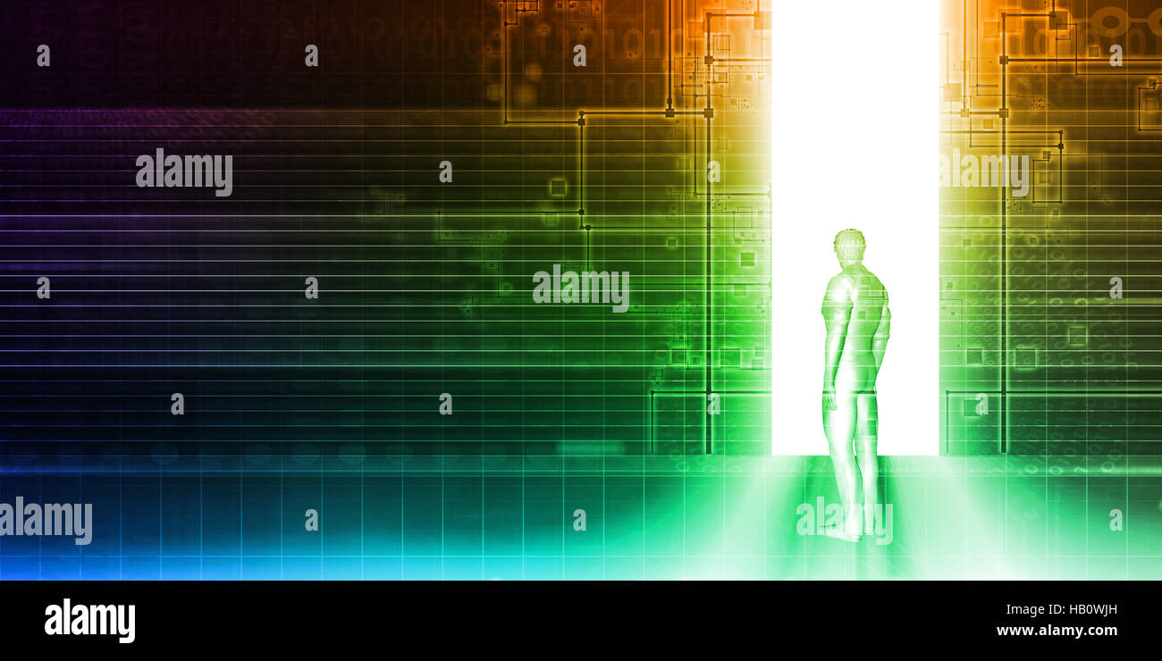 Man Standing In Front of Technology Portal as Background Stock Photo ...