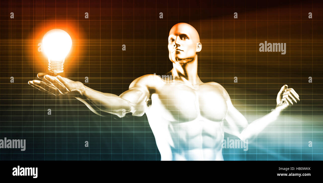 Englightened Man Holding a Light Bulb on Tech Background Stock Photo ...