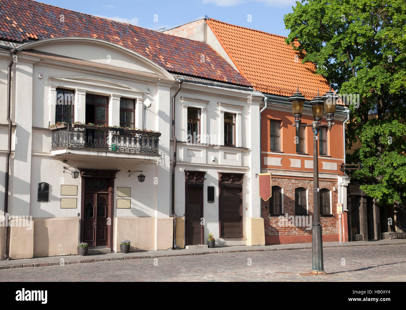 Historic buildings around main square in the old town of Kaunas ...
