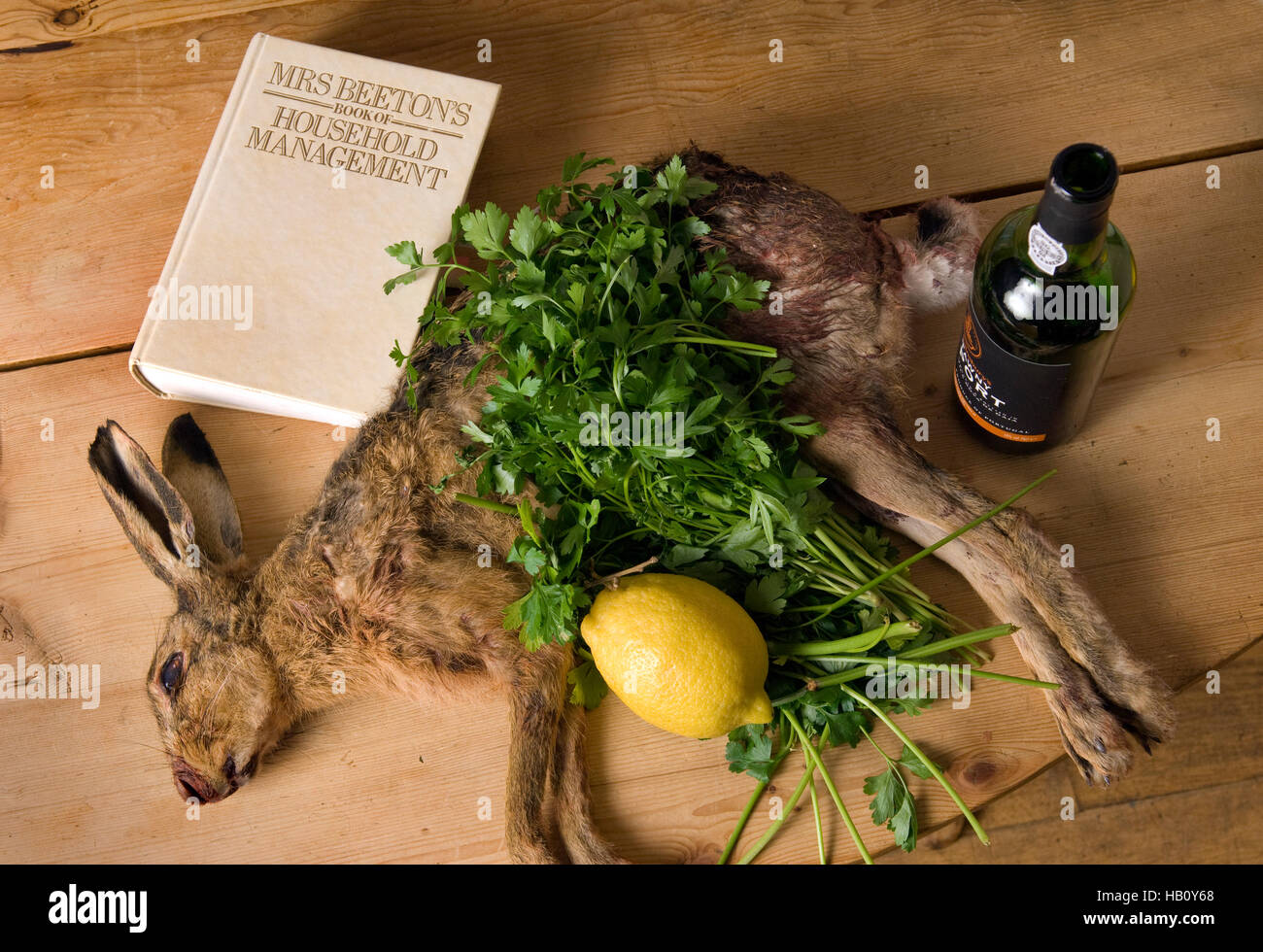 A hare on a pine table, ready to cook jugged hare, from a recipe in Mrs ...
