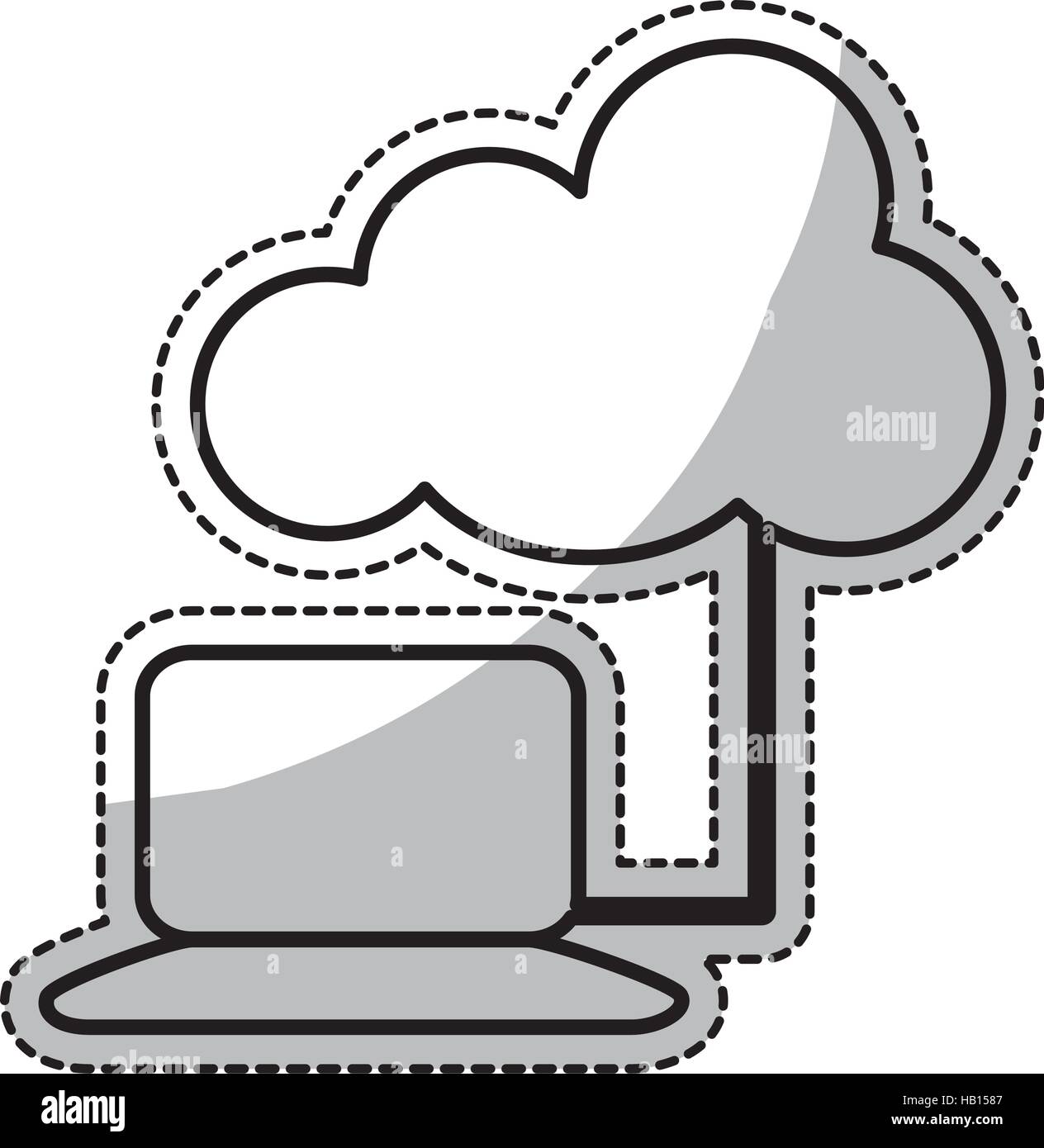 silhouette of laptop computer with cloud storage icon over white ...