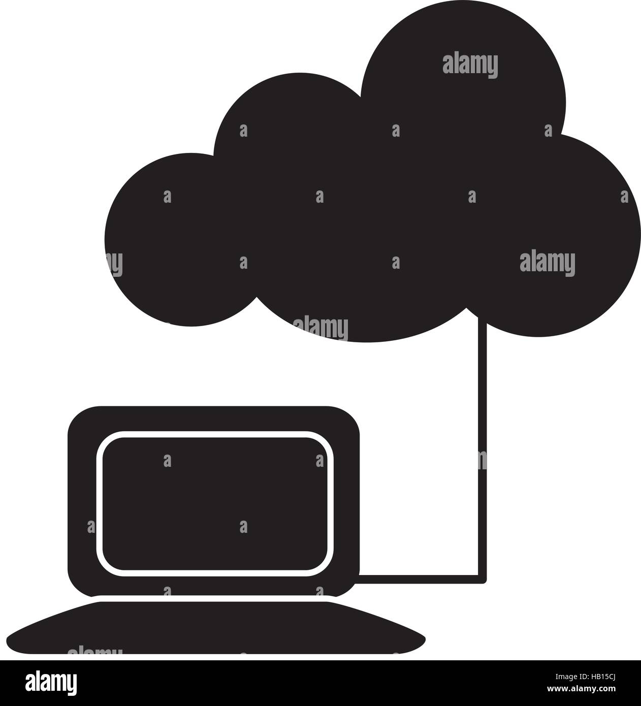 silhouette of laptop computer with cloud storage icon over white ...
