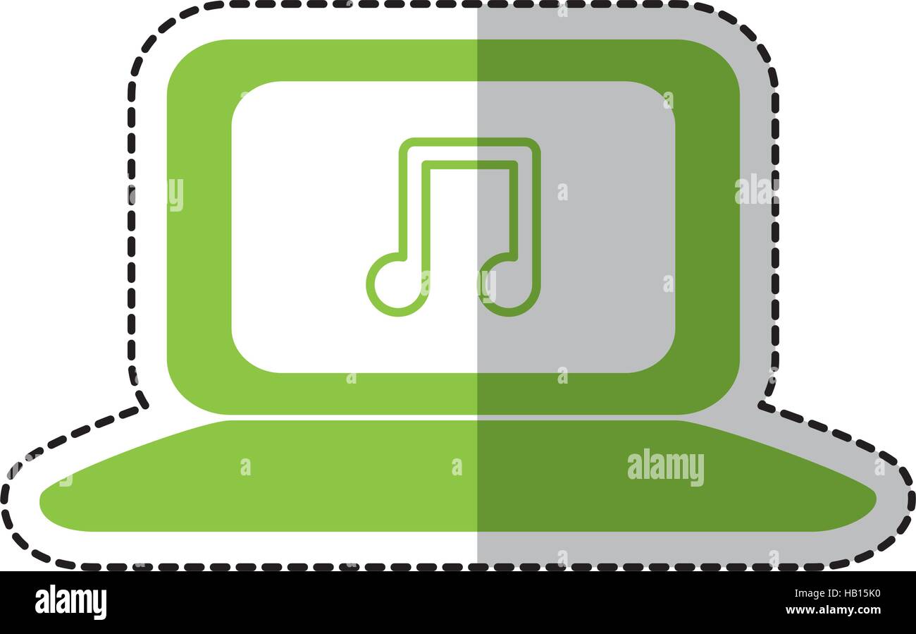 sticker of laptop computer with musical note on screen over white ...