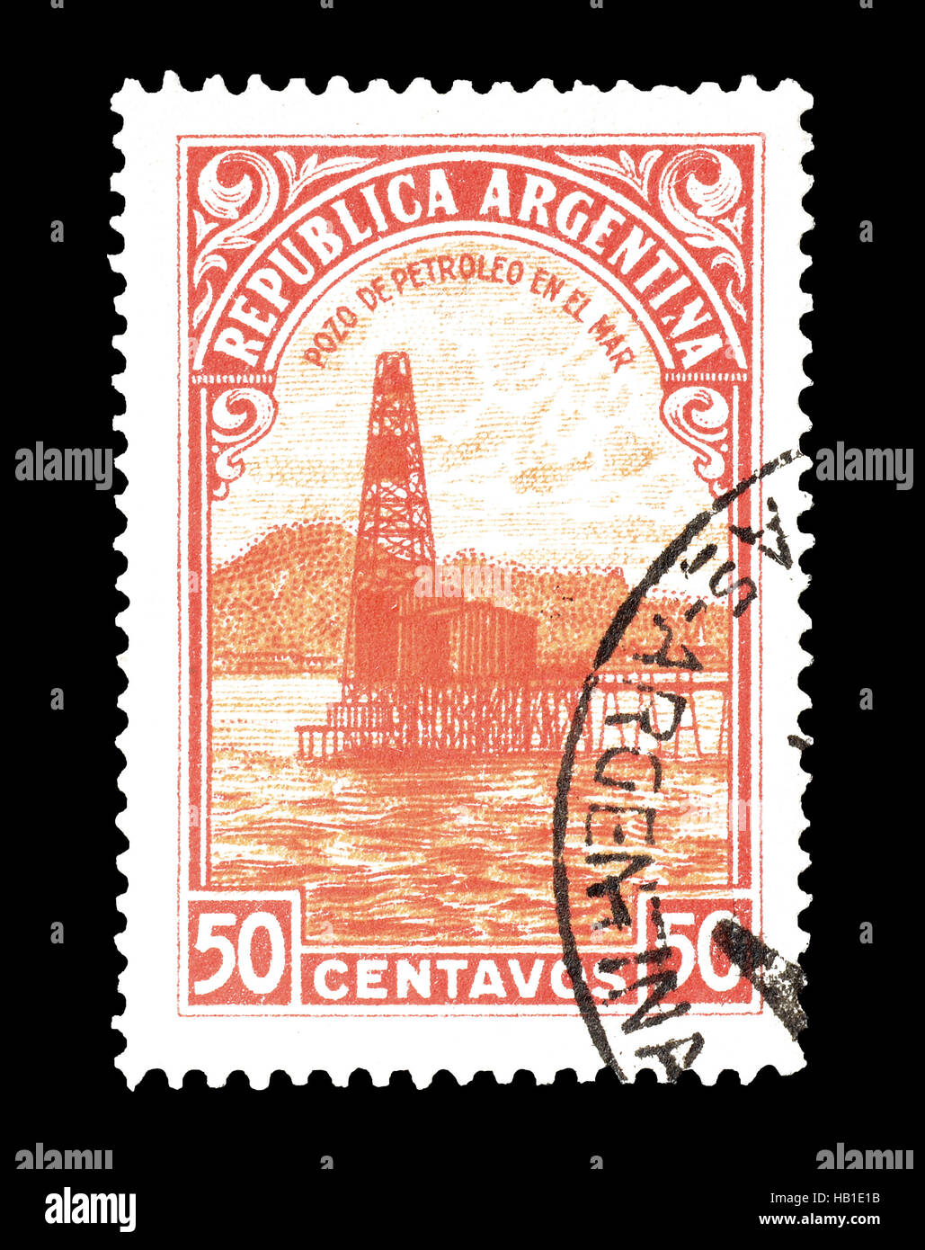 Cancelled postage stamp printed by Argentina, that shows Oil well Stock ...
