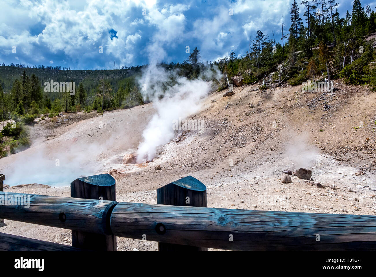 A natural geyser by the side of the road in Yellowstone National Park ...
