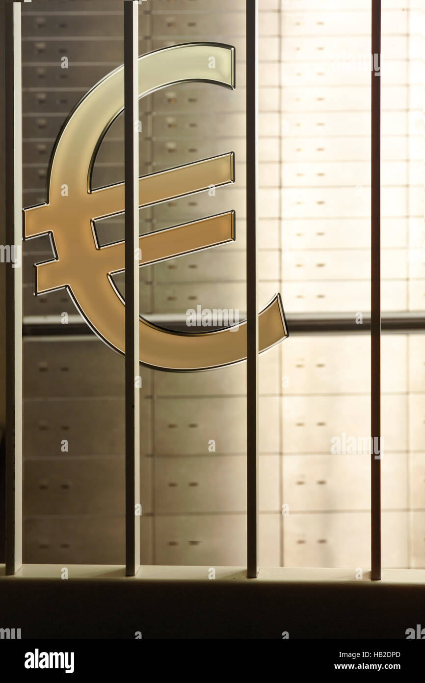 Euro symbol behind bars, safe deposit boxes at back Stock Photo - Alamy