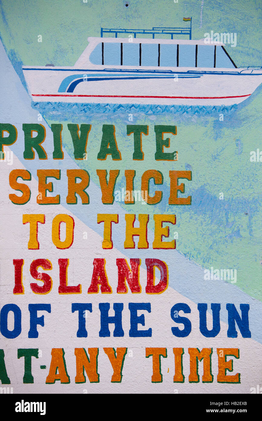 Retro signs for local ferry services, Titicaca lake, Bolivia Stock ...