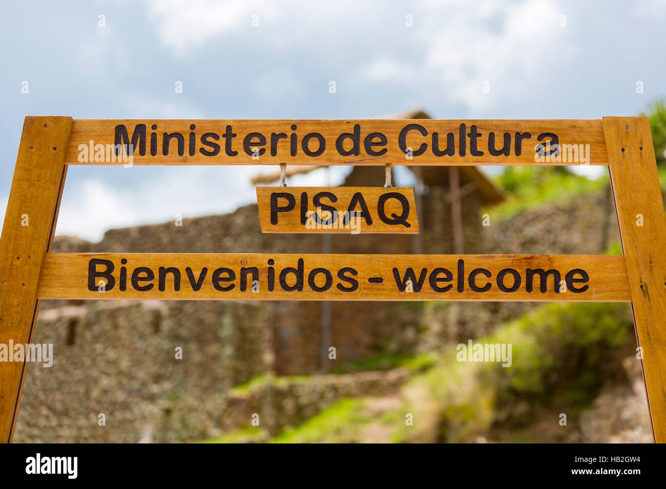 PISAC, PERU, JANUARY 15: Closeup on welcome wooden sign written in ...