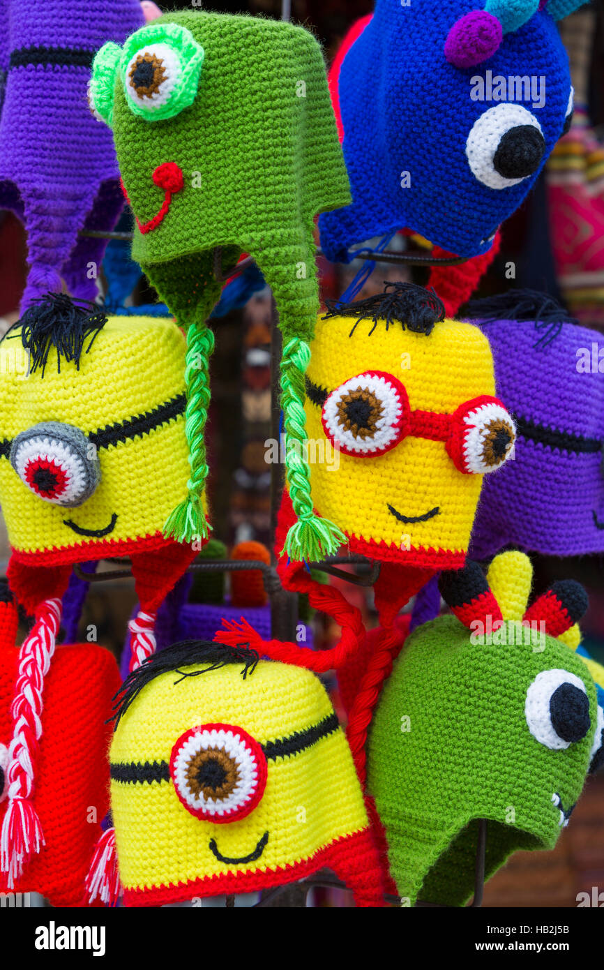 Group of colored Peruvian funny snow cap for sale. Cusco Stock Photo ...