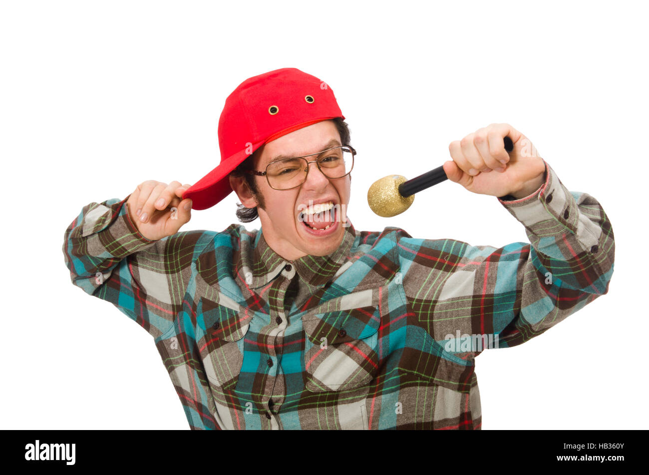Funny guy singing isolated on white Stock Photo - Alamy