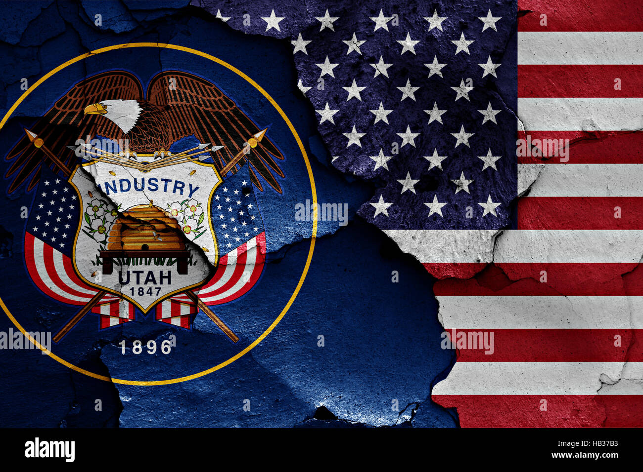 flags of Utah and USA painted on cracked wall Stock Photo - Alamy