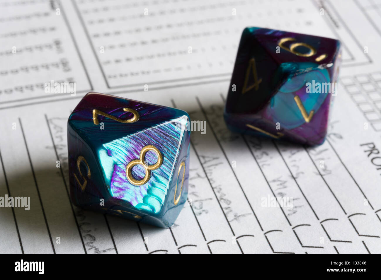 Role Playing dice on a character sheet Stock Photo - Alamy